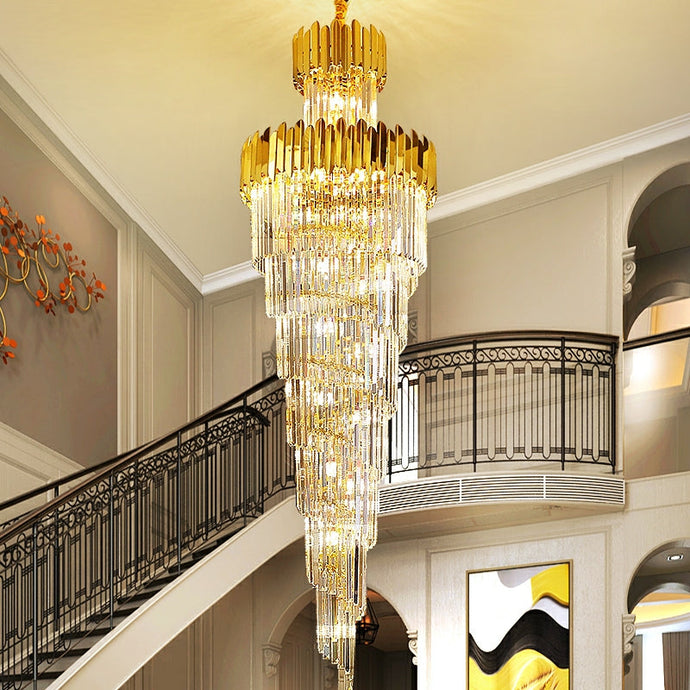 Luxury Gold Trimmed Long Crystal Chandelier Foyer Staircase Extra Large ...